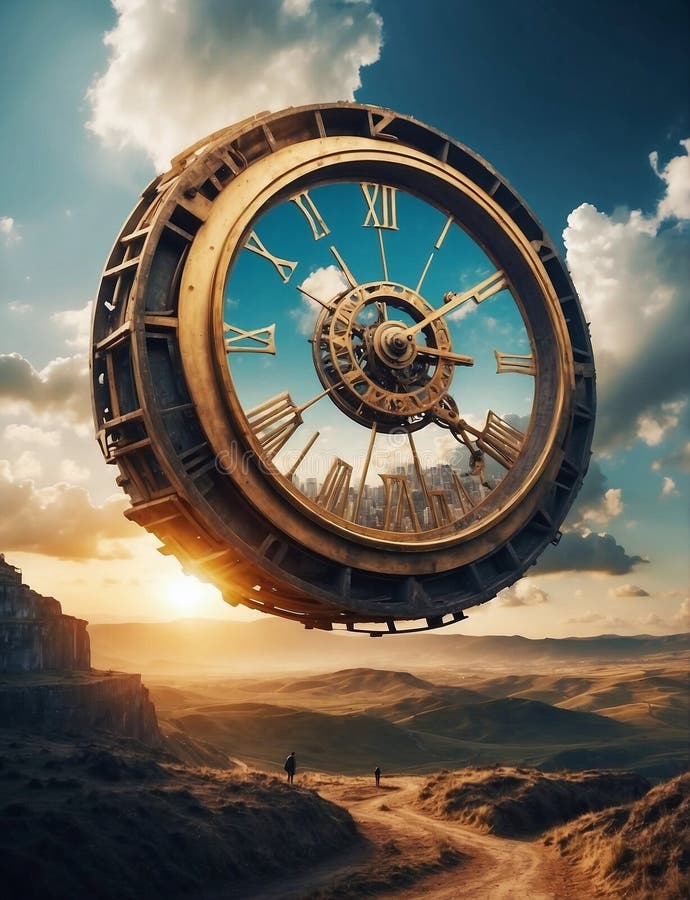 Time Concept with Suspended Clock in the Sky Stock Illustration ...