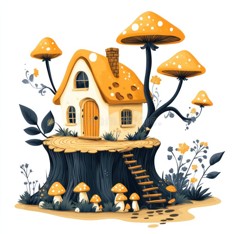 Illustration of a Tiny House Built on a Tree Stump with Large Mushrooms ...