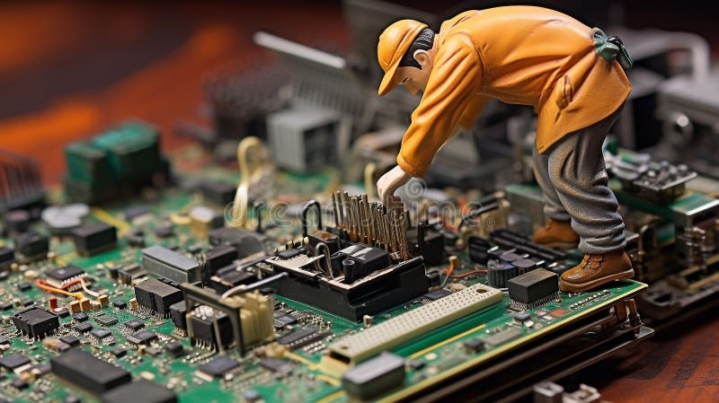 Illustration of Tiny Workers Repairing a Computer Motherboard Digital ...