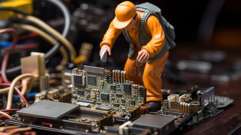 Illustration of Tiny Workers Repairing a Computer Motherboard Digital ...