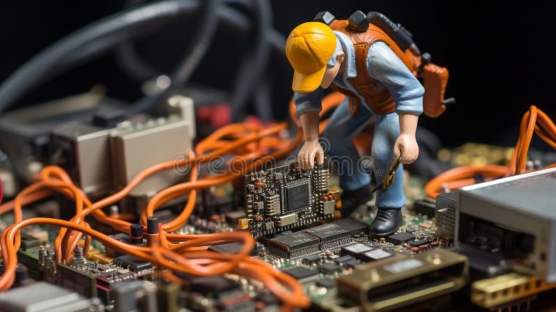 Illustration of Tiny Workers Repairing a Computer Motherboard Digital ...