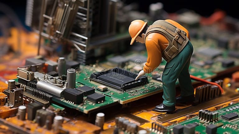 Illustration of Tiny Workers Repairing a Computer Motherboard Digital ...