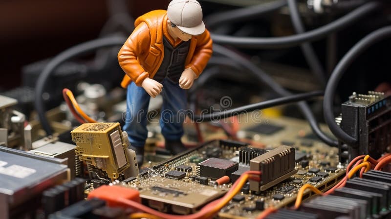 Illustration of Tiny Workers Repairing a Computer Motherboard Digital ...