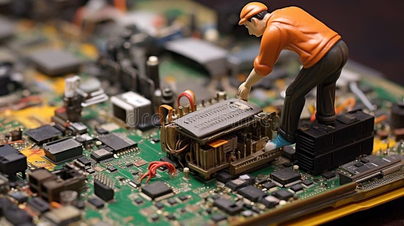 Illustration of Tiny Workers Repairing a Computer Motherboard Digital ...