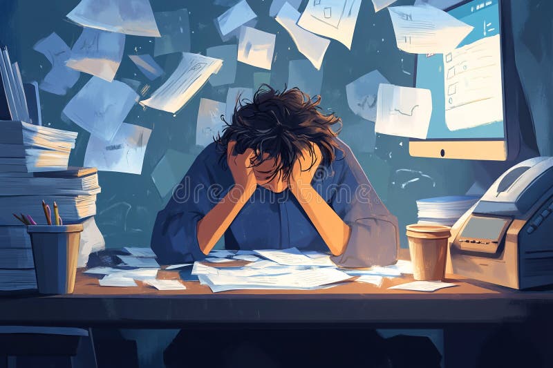 Illustration of a Tired Man Surrounded by Books and a Glowing Screen at ...