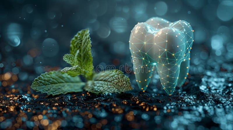 An Illustration of a Tooth with a Mint Leaf on a Blue Background. the ...
