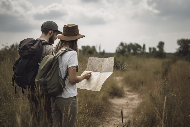 Illustration, Tourist Couple Looking at a Map,ai Generative Stock ...