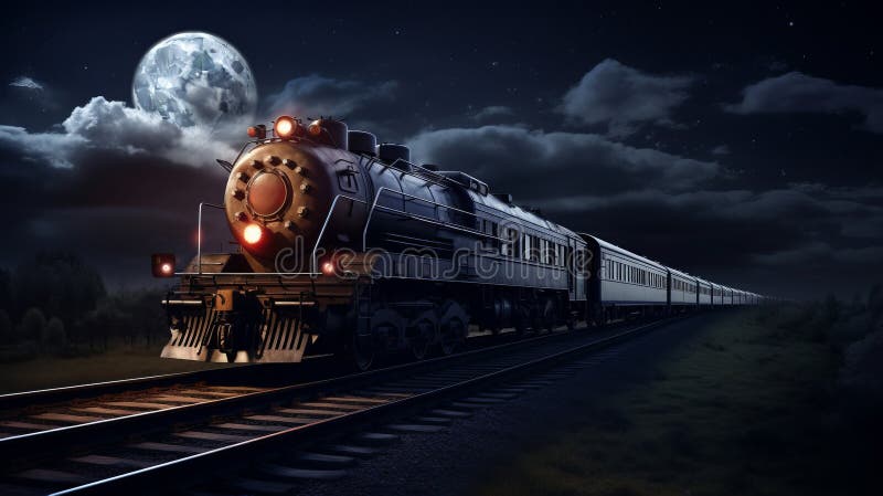 Illustration of a Train Under a Full Moon on a Dark Night Stock Image ...