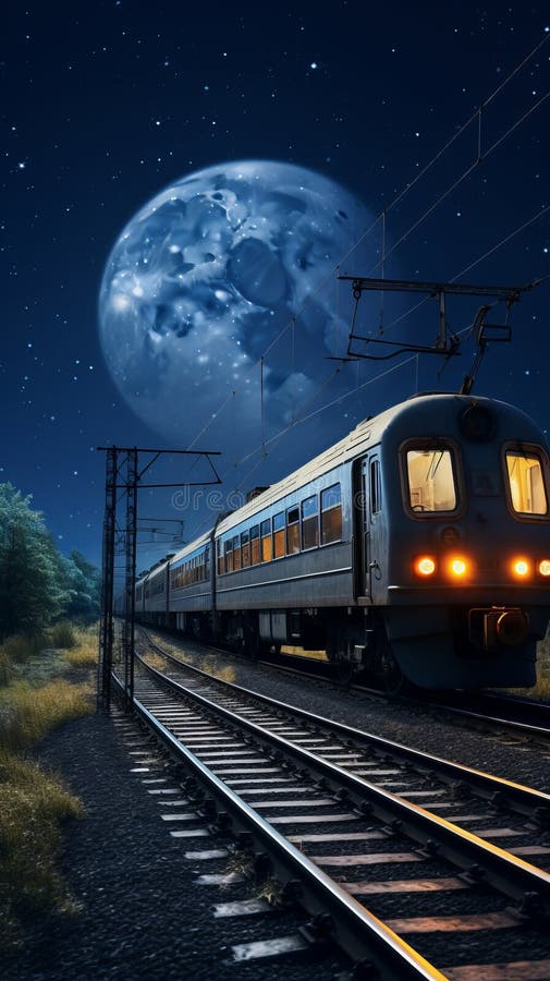 Illustration of a Train Under a Full Moon on a Dark Night Stock Image ...