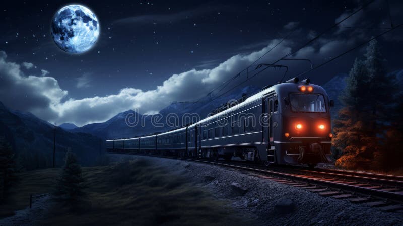 Illustration of a Train Under a Full Moon on a Dark Night Stock Photo ...