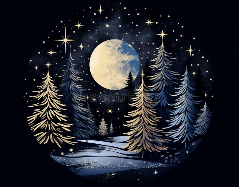 Illustration of Tranquil Christmas Tree Under Moonlight Stock Image ...