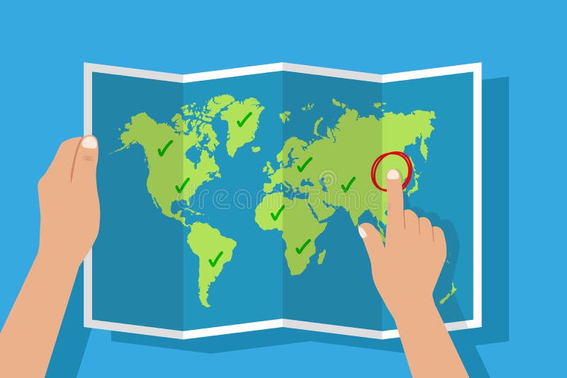 Vector Illustration of Travel Plan Concept - Hands Holding World Map ...