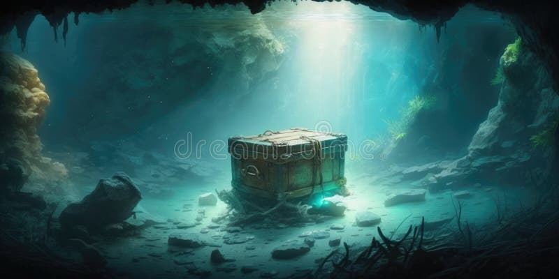 A Treasure Chest Underwater through a Cave Stock Illustration ...