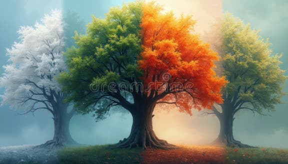 Illustration Tree Across. Winter, Spring, Summer, Autumn ...