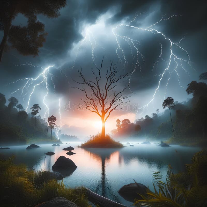 Illustration of a Tree Being Struck by Lightning Stock Illustration ...