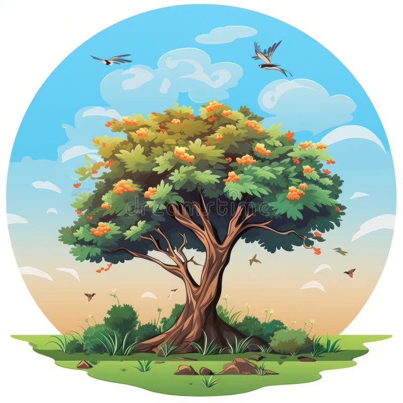 An Illustration of a Tree with Birds Flying Around it Stock ...