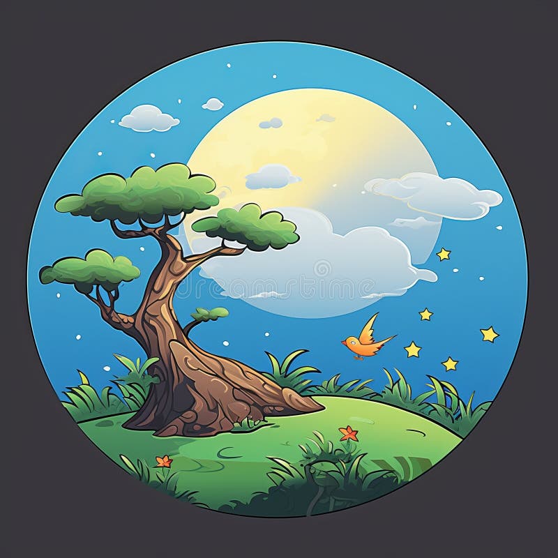 An Illustration of a Tree and Birds in the Night Sky Stock Illustration ...