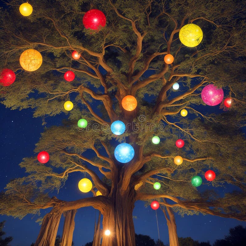 Illustration of a Tree with Colorful Hanging Balls Stock Illustration ...