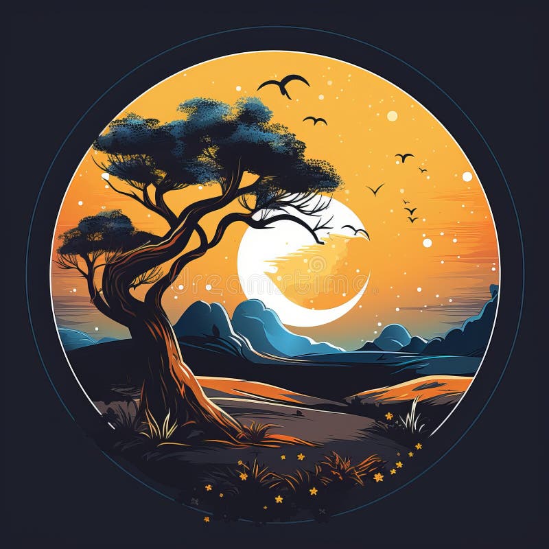 An Illustration of a Desert Landscape with a Tree in the Middle Stock ...