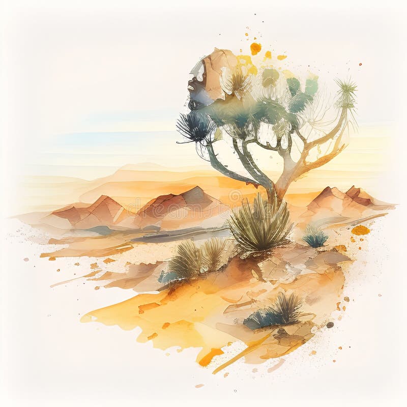 Illustration of a Tree in the Desert. Watercolor Illustration Stock ...