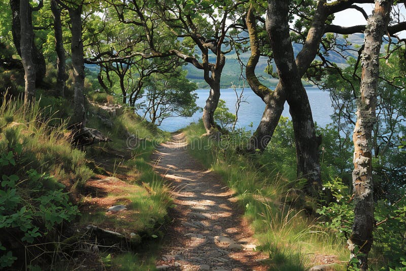 A Tree Filled Trail with a Clear View of a Lake, High Quality, High ...