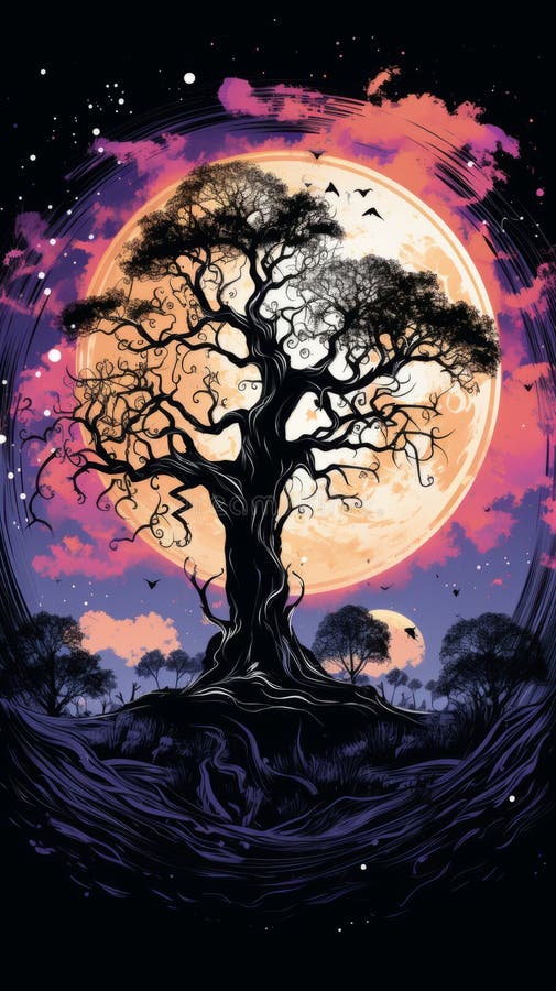 An Illustration of a Tree in Front of a Full Moon Stock Illustration ...