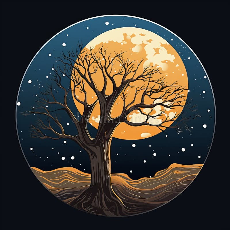 An Illustration of a Tree with a Full Moon in the Background Stock ...
