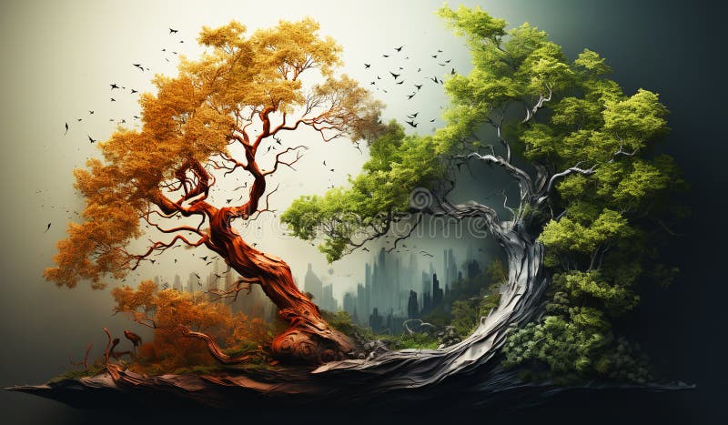 Illustration with Half of the Tree Dry and the Other Half Lush ...