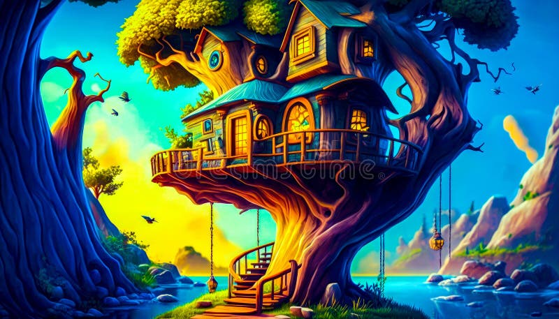 An Illustration of Tree House in the Woods. Generative AI Stock ...