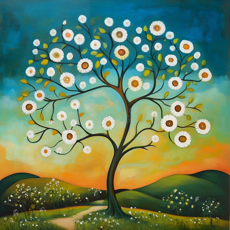 Illustration of a Tree and Houses. Naive Art. Stock Image - Image of ...