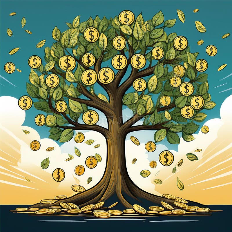 Illustration of a Tree with Leaves in the Shape of Dollars, Tree in the Wind on a Blue ...