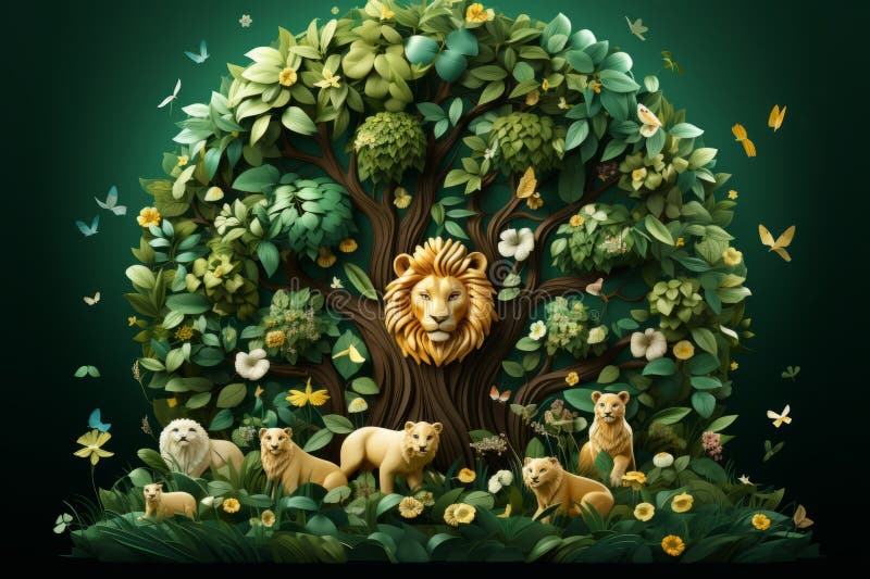 An Illustration of a Tree with Lions and Other Animals Stock ...