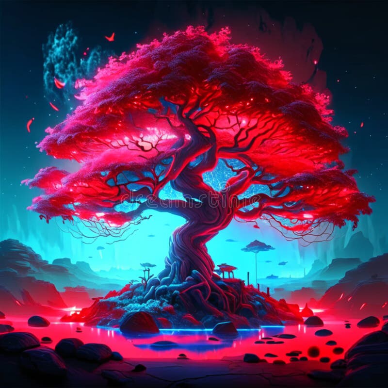 Illustration of a Tree in the Middle of the Night with Red Lights ...