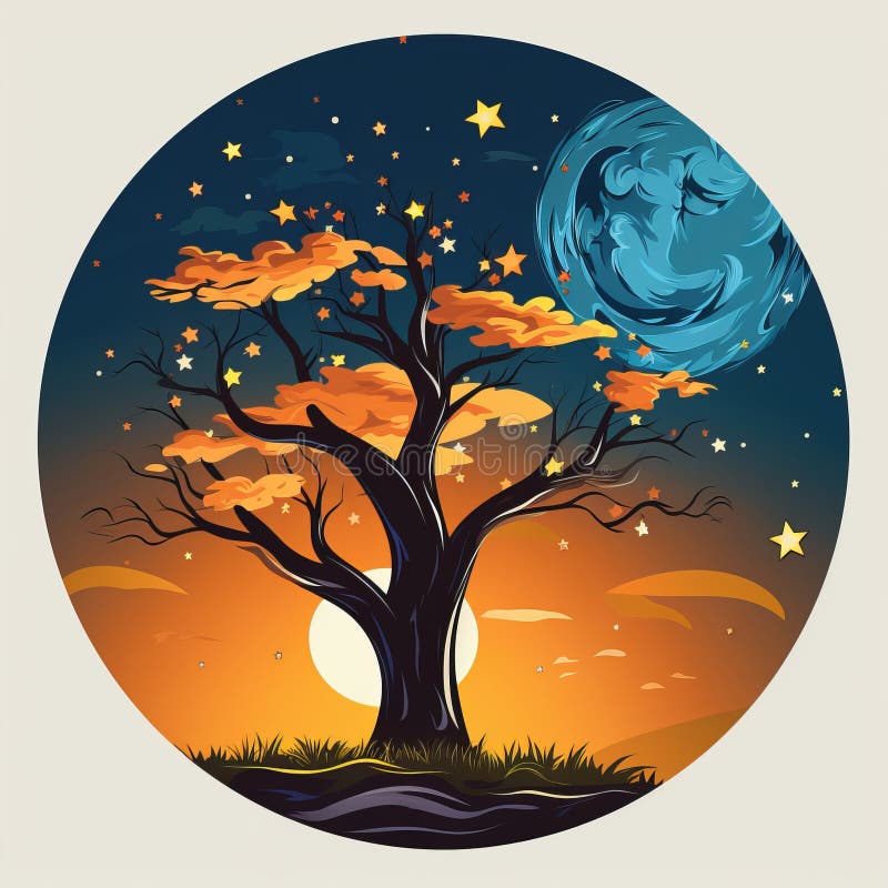 An Illustration of a Tree at Night with the Moon in the Background ...