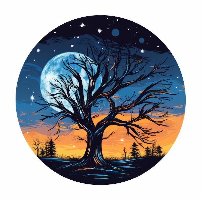 An Illustration of a Tree at Night with the Moon in the Background ...