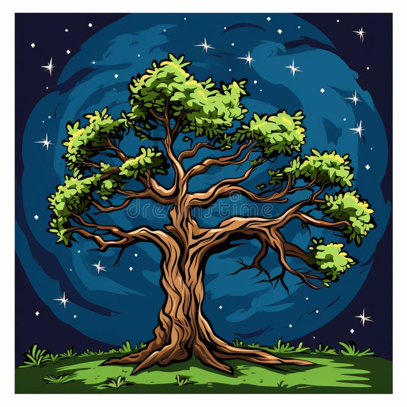 An Illustration of a Tree in the Night Sky Stock Illustration ...