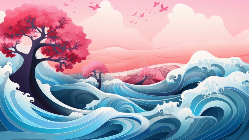 An Illustration of a Tree in the Ocean with Waves Stock Illustration ...