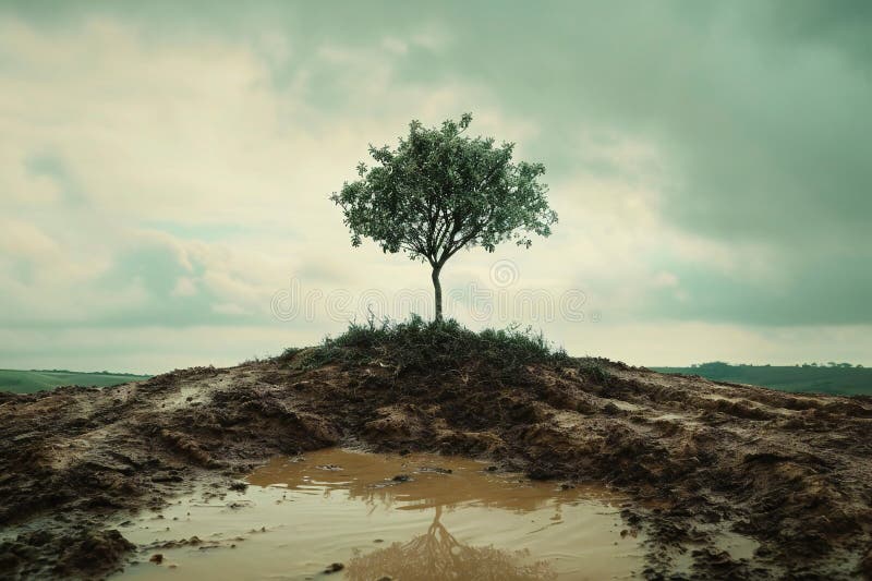 Tree in a Puddle on a Hillside in the Countryside Stock Illustration ...