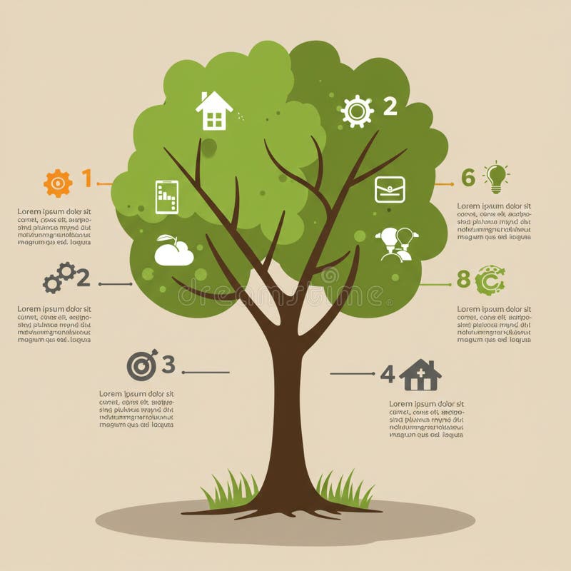 Illustration of a Tree-shaped Infographic with Eight Sections, Each ...