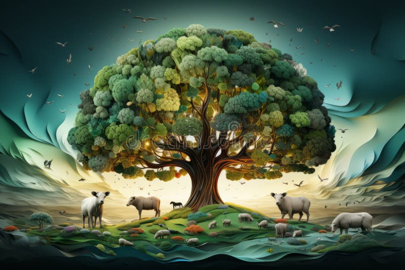 An Illustration of a Tree with Sheep Under it Stock Illustration ...