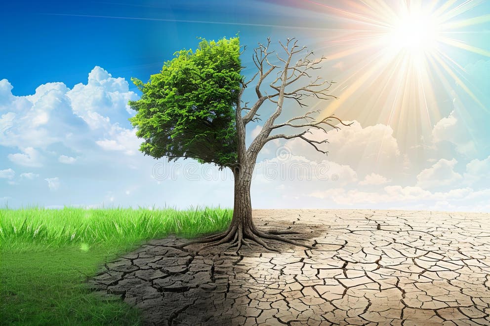 A Tree Standing on the Left Half of an Illustration Split in Two, One ...