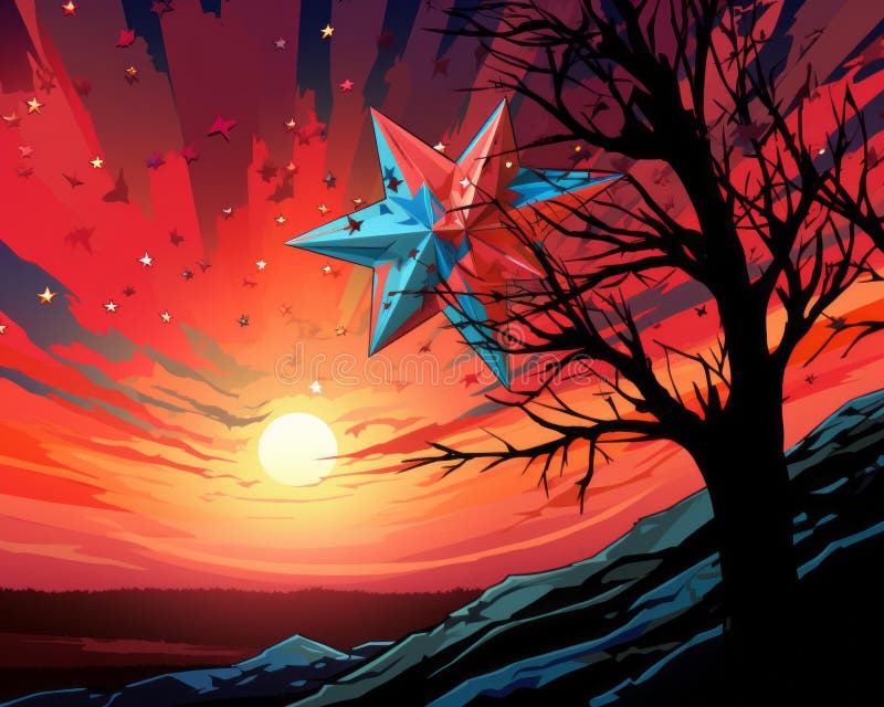 An Illustration of a Tree with a Star in the Sky Stock Illustration ...