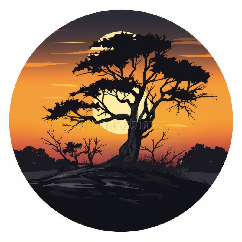 An Illustration of a Tree at Sunset with the Sun in the Background ...