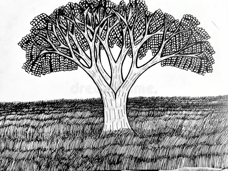 Illustration of a Tree Surrounded by Grass in a Field Stock Image ...