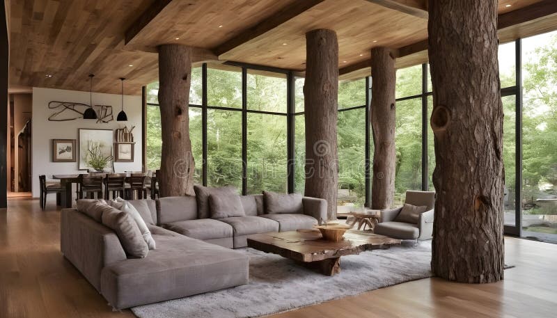 Illustration of a Tree-trunk Columns in a Modern House Stock ...