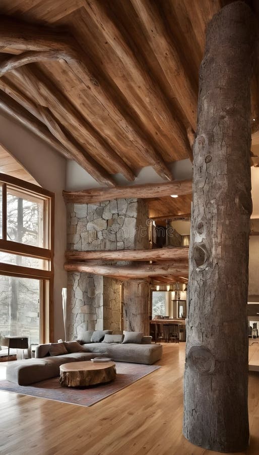 Illustration of a Tree-trunk Columns in a Modern House Stock ...