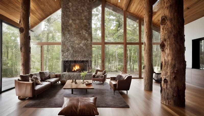 Illustration of a Tree-trunk Columns in a Modern House Stock ...