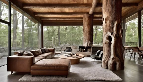 Illustration of a Tree-trunk Columns in a Modern House Stock ...