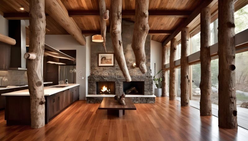 Illustration of a Tree-trunk Columns in a Modern House Stock ...