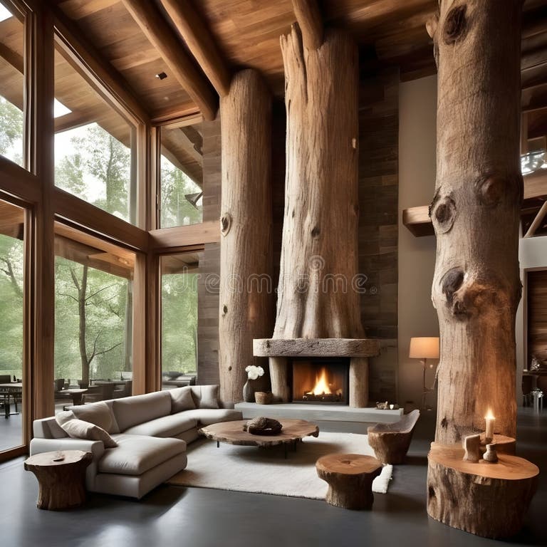 Illustration of a Tree-trunk Columns in a Modern House Stock ...